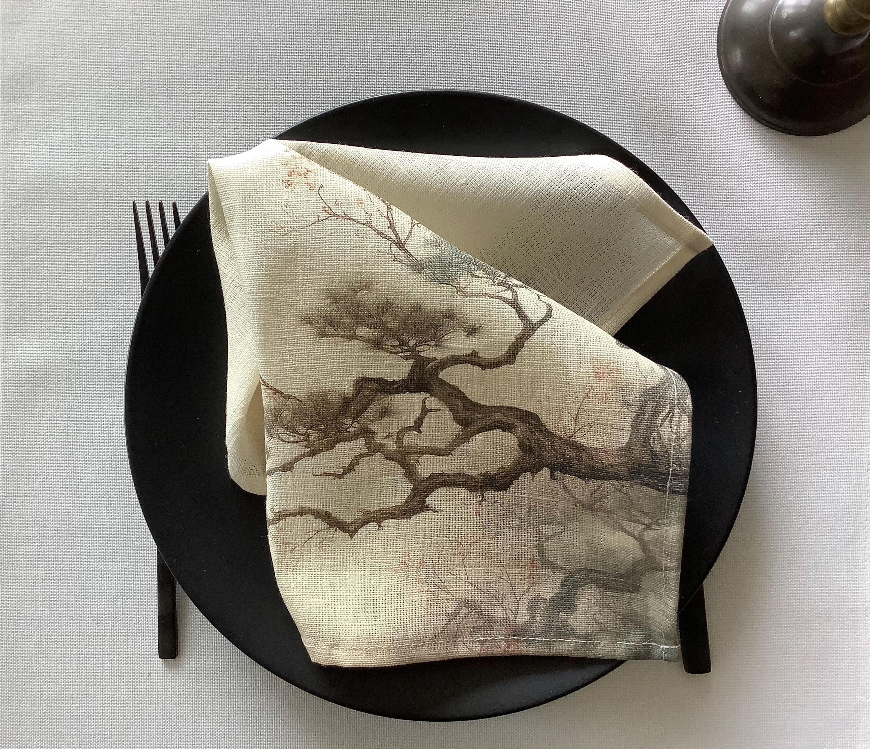 Natural Linen Diinner Napkins With Japanese Landscape Print, Asian Pine ...
