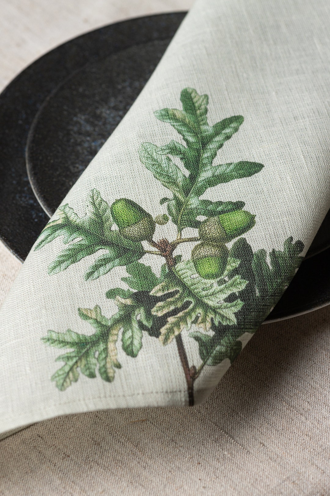 Set of 6 Linen Napkins With Greenery Designs, Tree Branch Print, Nature ...