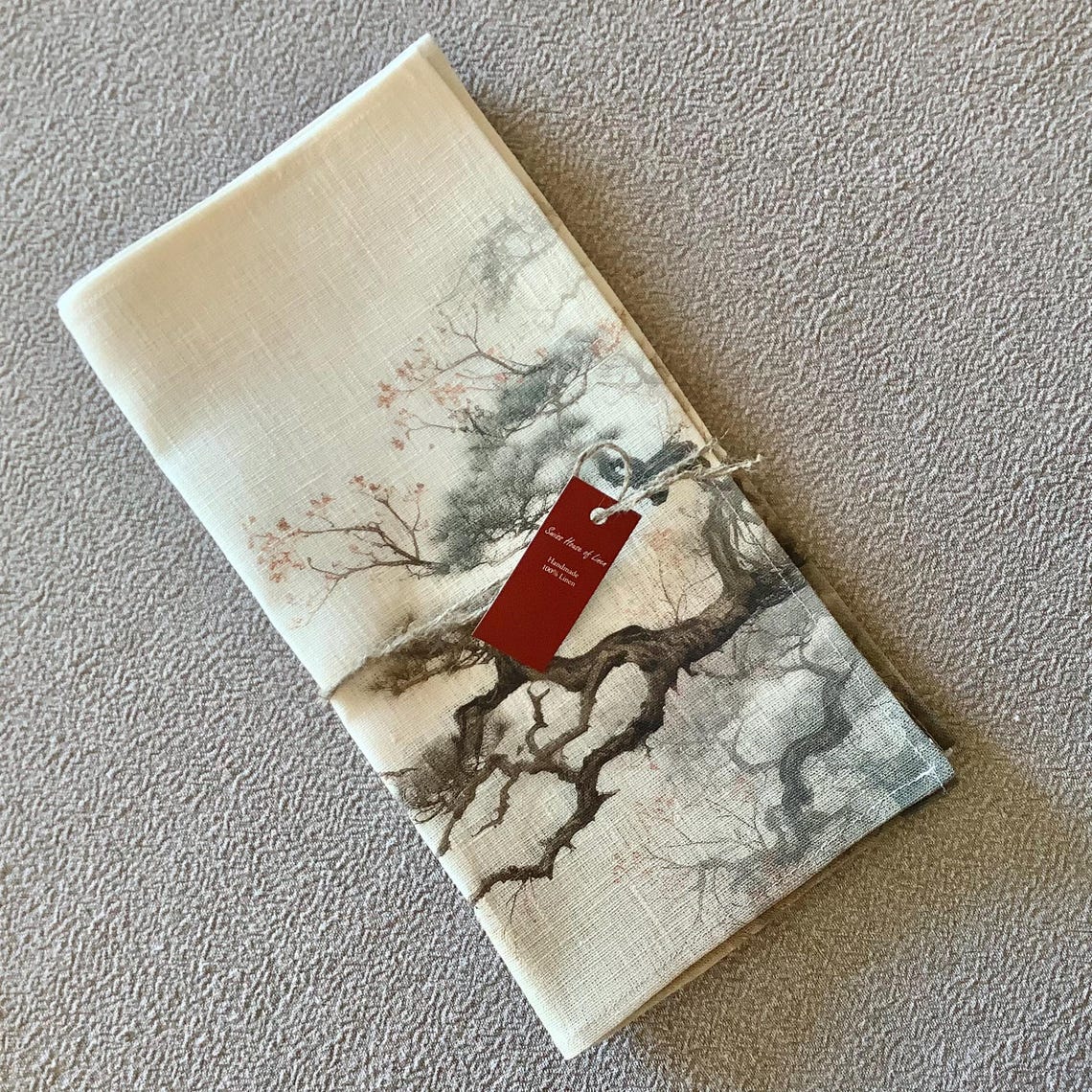 Natural Linen Diinner Napkins With Japanese Landscape Print, Asian Pine ...