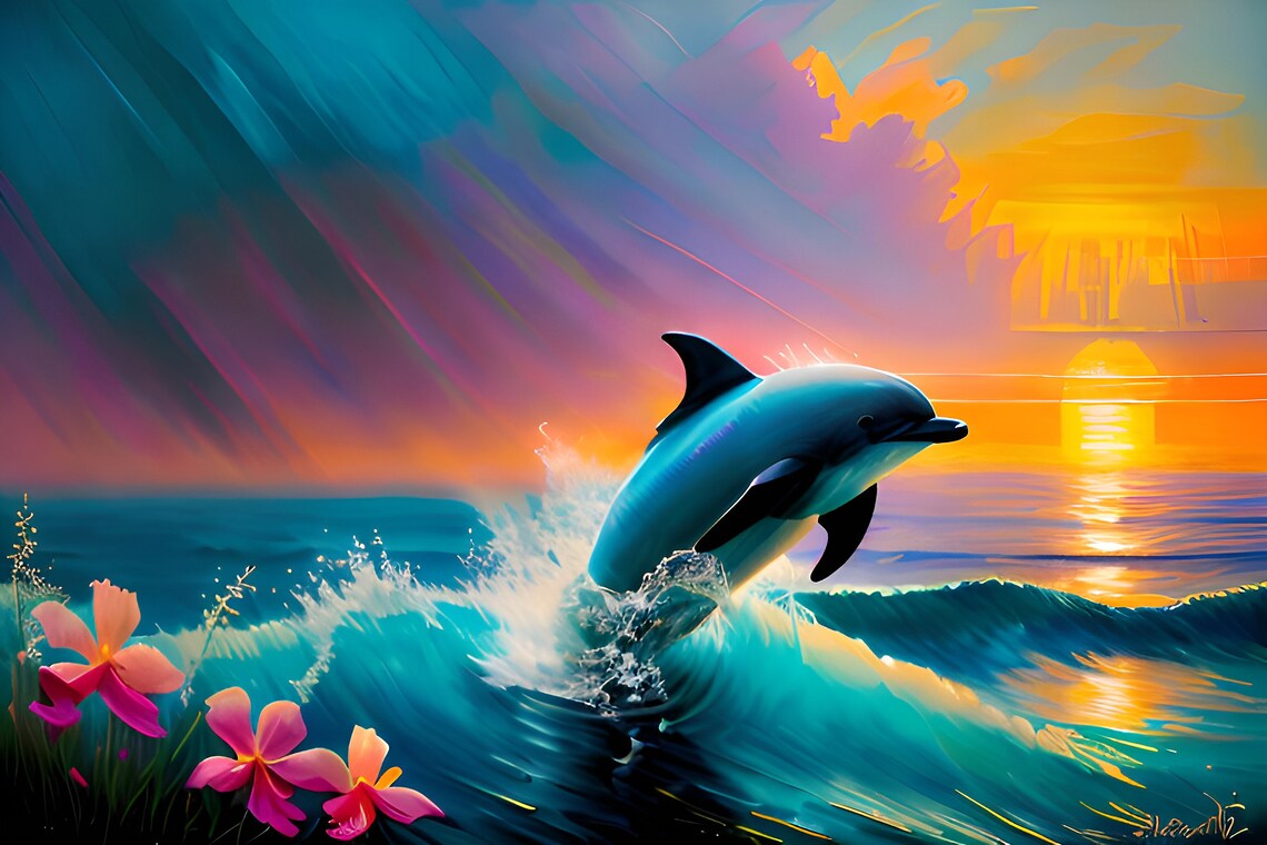 Majestic Sunset: Digital Print of Jumping Dolphin, Colorful Flowers ...