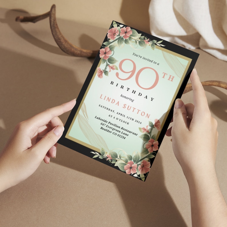 Floral 90th Birthday Invitations, 90th Birthday, Happy 90th Birthday ...