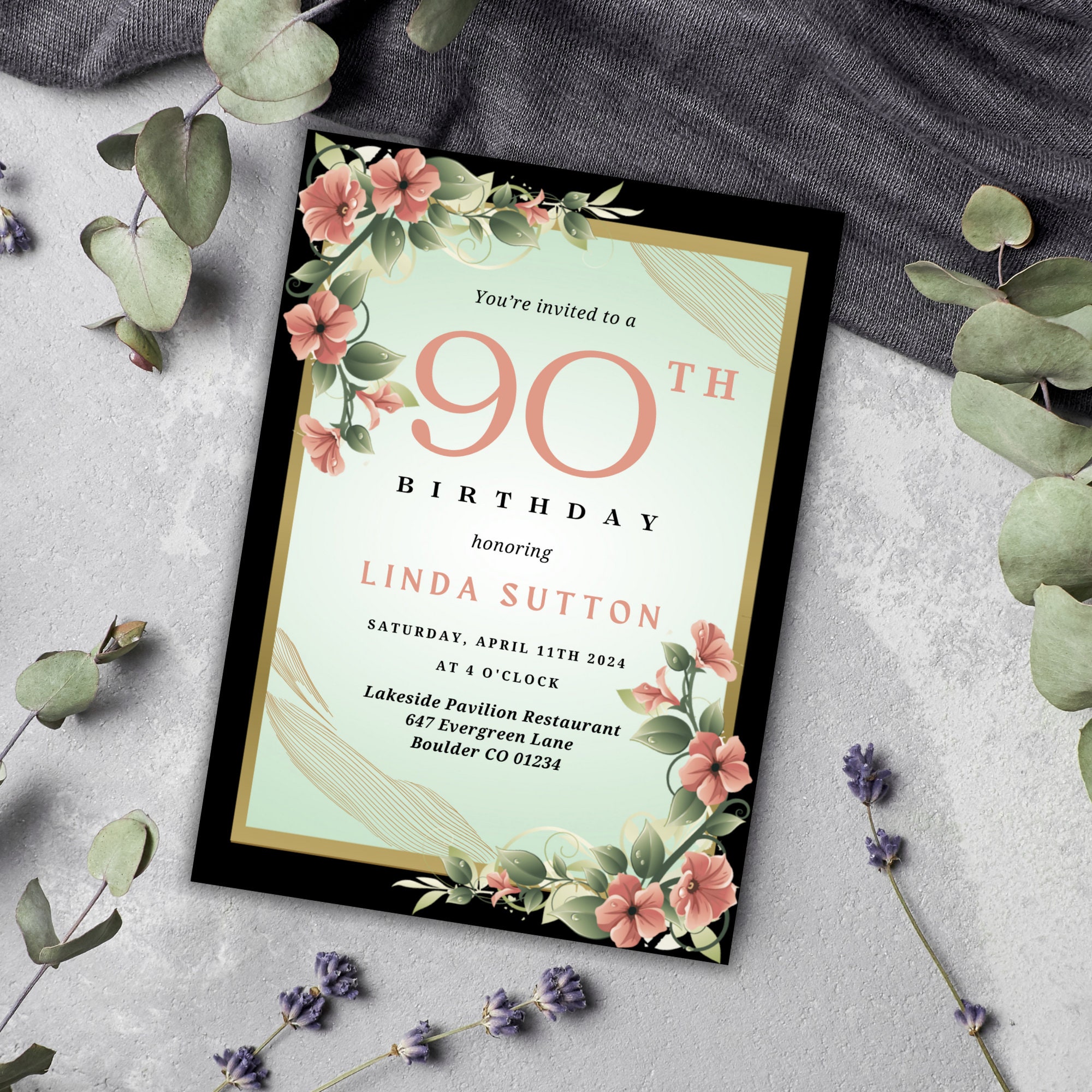 Floral 90th Birthday Invitations, 90th Birthday, Happy 90th Birthday ...