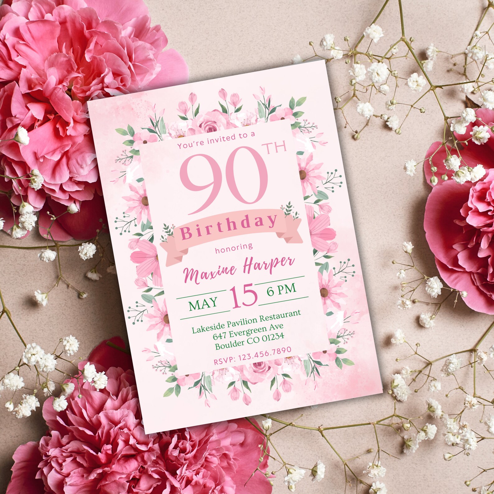 Floral 90th Birthday Invitations, 90th Birthday, Happy 90th Birthday ...
