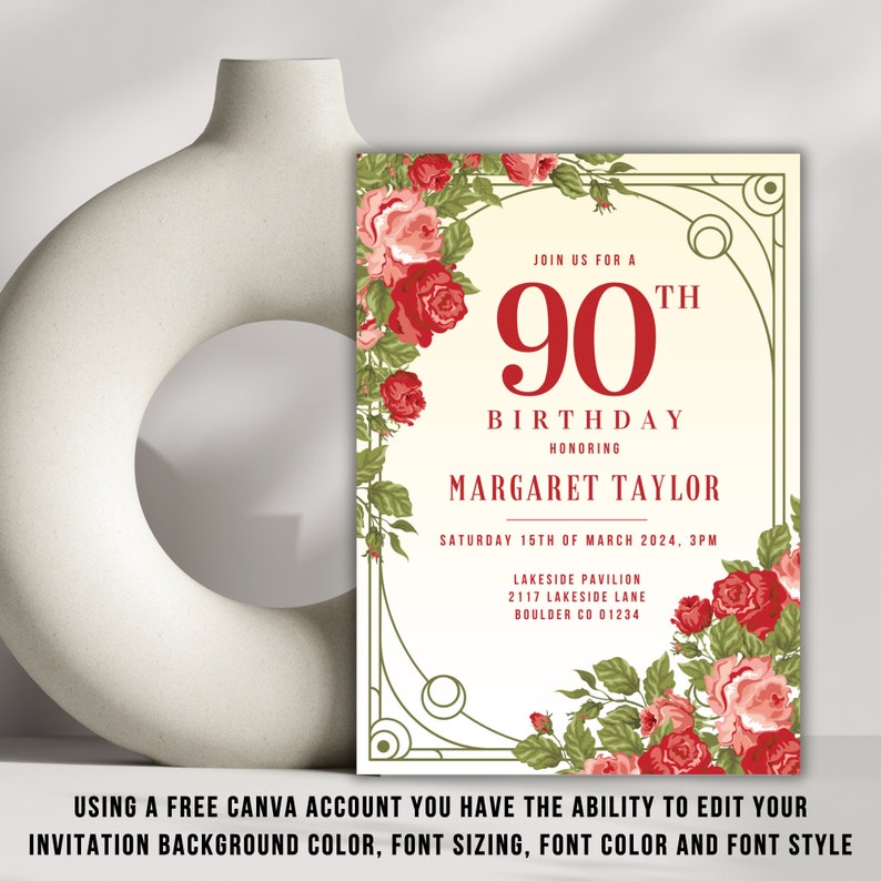 Floral 90th Birthday Invitations, 90th Birthday, Happy 90th Birthday ...