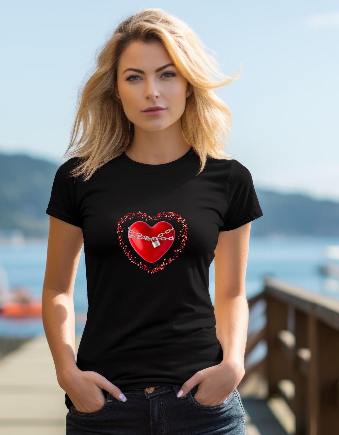 Heart Chain Women's Tee, Romantic Red Heart Shirt, Stylish Lock Design ...