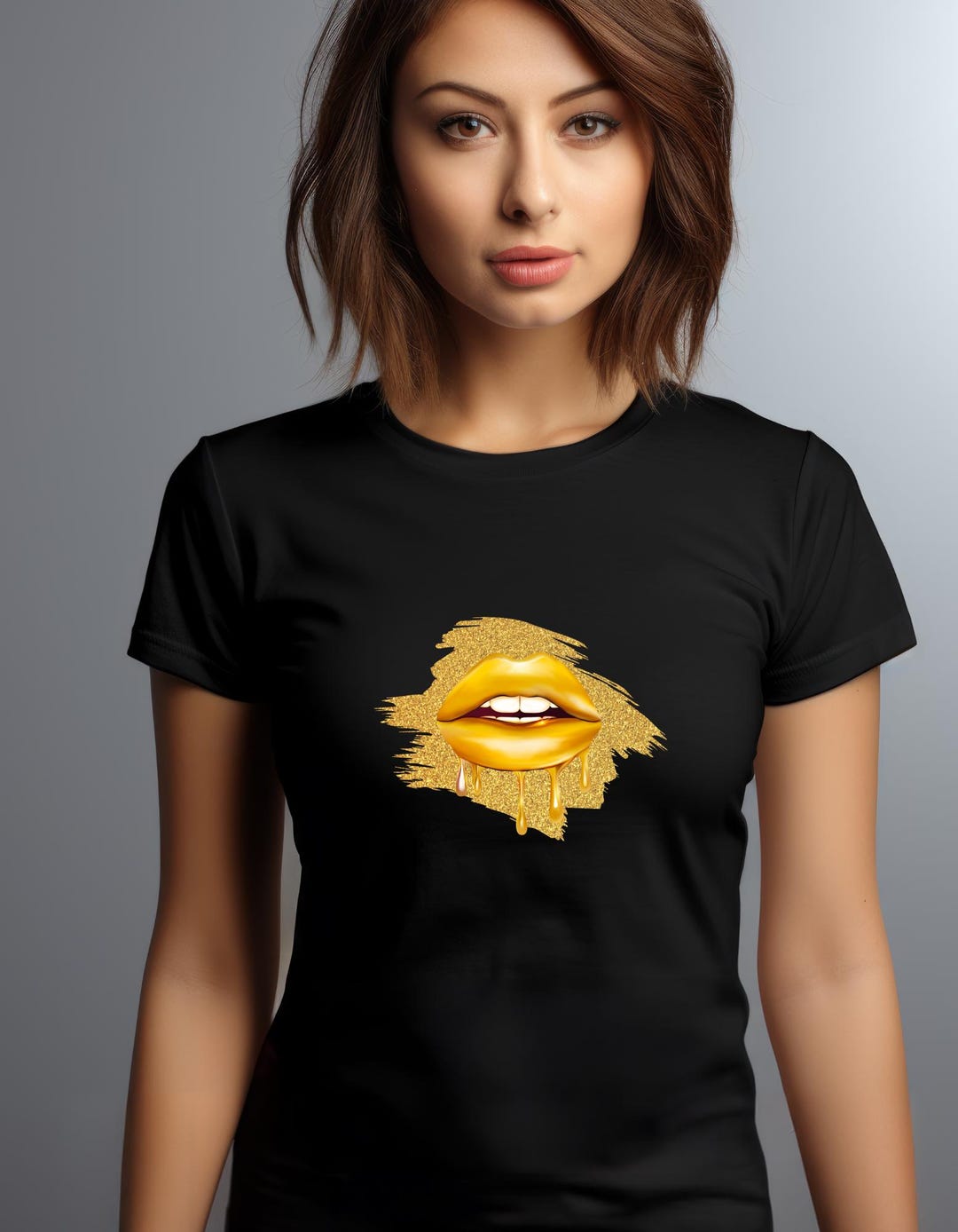 Gold Lips Sensual Mouth Unisex Softstyle T-shirt, Glamorous Shimmering ...