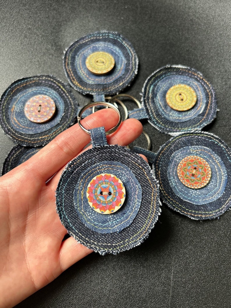 Denim Keychain, Boho Key Ring, Key Ring With Button, Small Gift ...