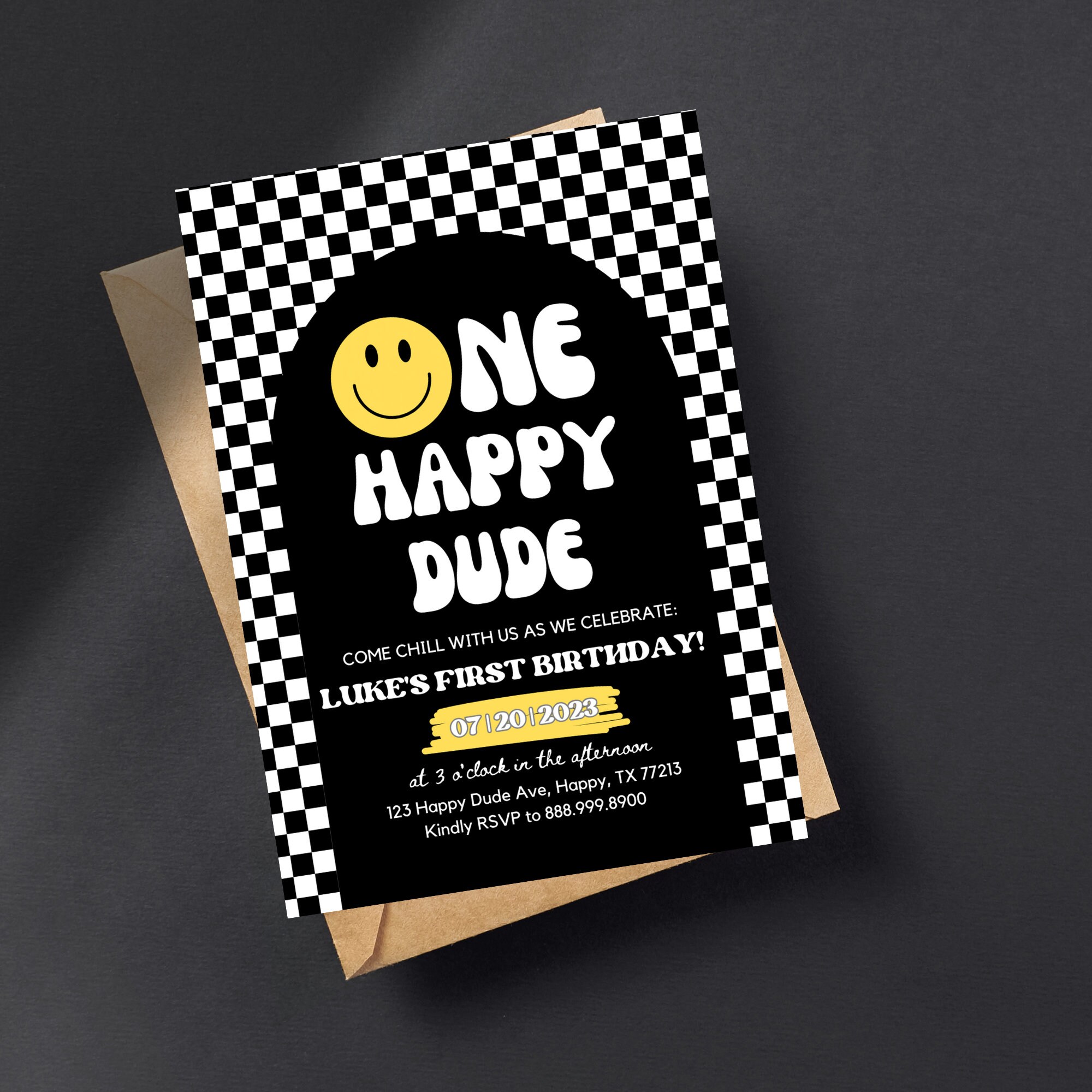 One Happy Dude Birthday Invitation, Editable, Yellow Smiley Face Invite ...