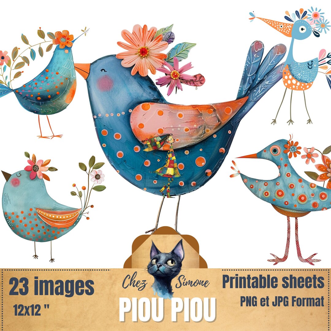 23 Cliparts Lovely Whimsical Birds PNG Transparent Piou Piou Fussy Cut ...