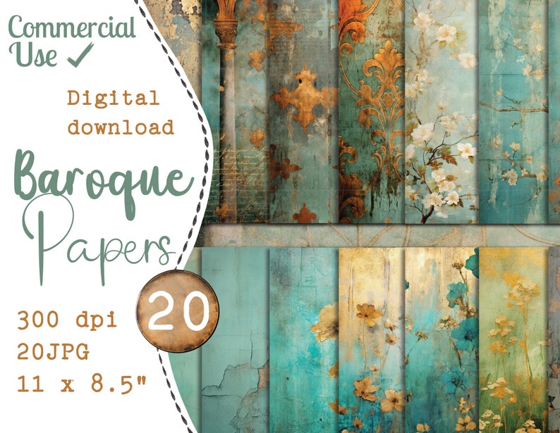 20 Baroque Golden and Turquoise Background Papers, Exquisite Junk ...