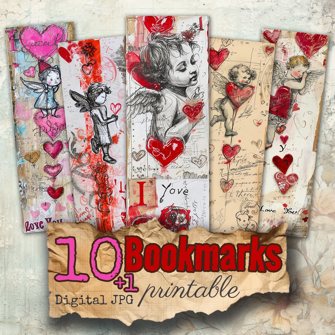 Set of 10 Illustrated Bookmarks for Valentine's Day Naive Drawings 2x6 ...