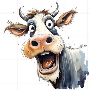 Happy Laughing Cow Clipart, 4 Funny Cow Head, Whimsical Greeting Cards ...