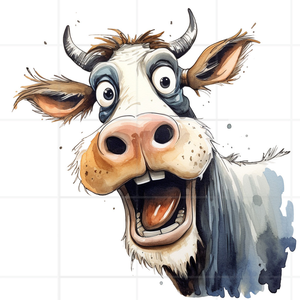 Happy Laughing Cow Clipart, 4 Funny Cow Head, Whimsical Greeting Cards ...