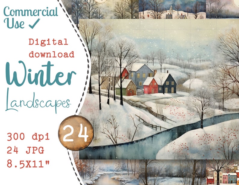 Whimsical Winter Landscapes Junk Journal 24 JPG Papers Enchanting Snow ...