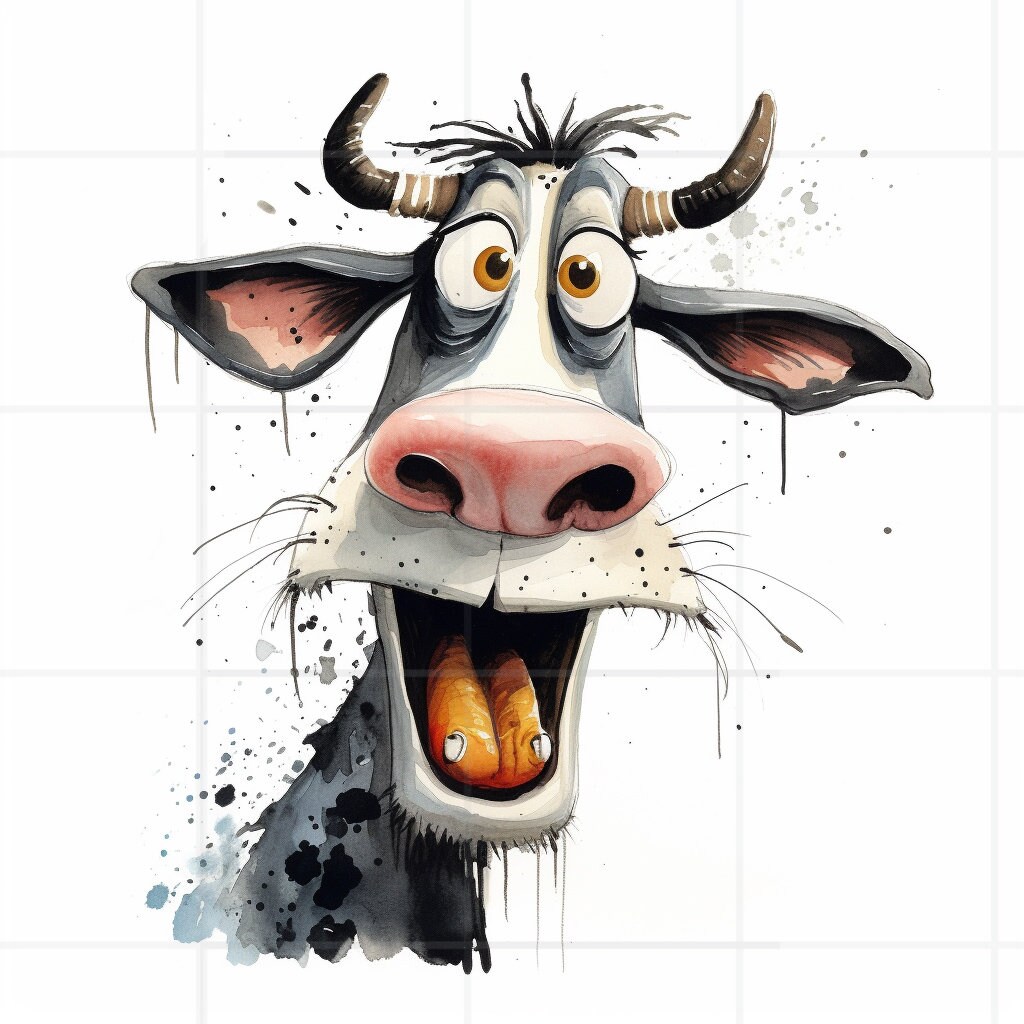 Happy Laughing Cow Clipart, 4 Funny Cow Head, Whimsical Greeting Cards ...