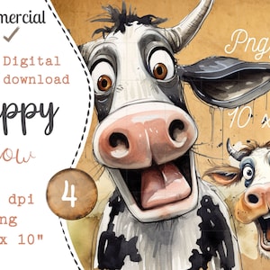 Happy Laughing Cow Clipart, 4 Funny Cow Head, Whimsical Greeting Cards ...