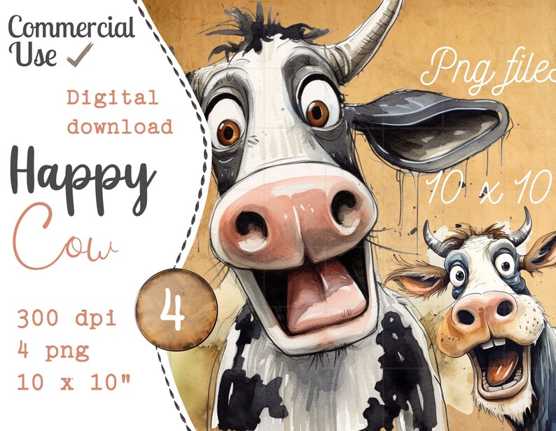 Happy Laughing Cow Clipart, 4 Funny Cow Head, Whimsical Greeting Cards ...