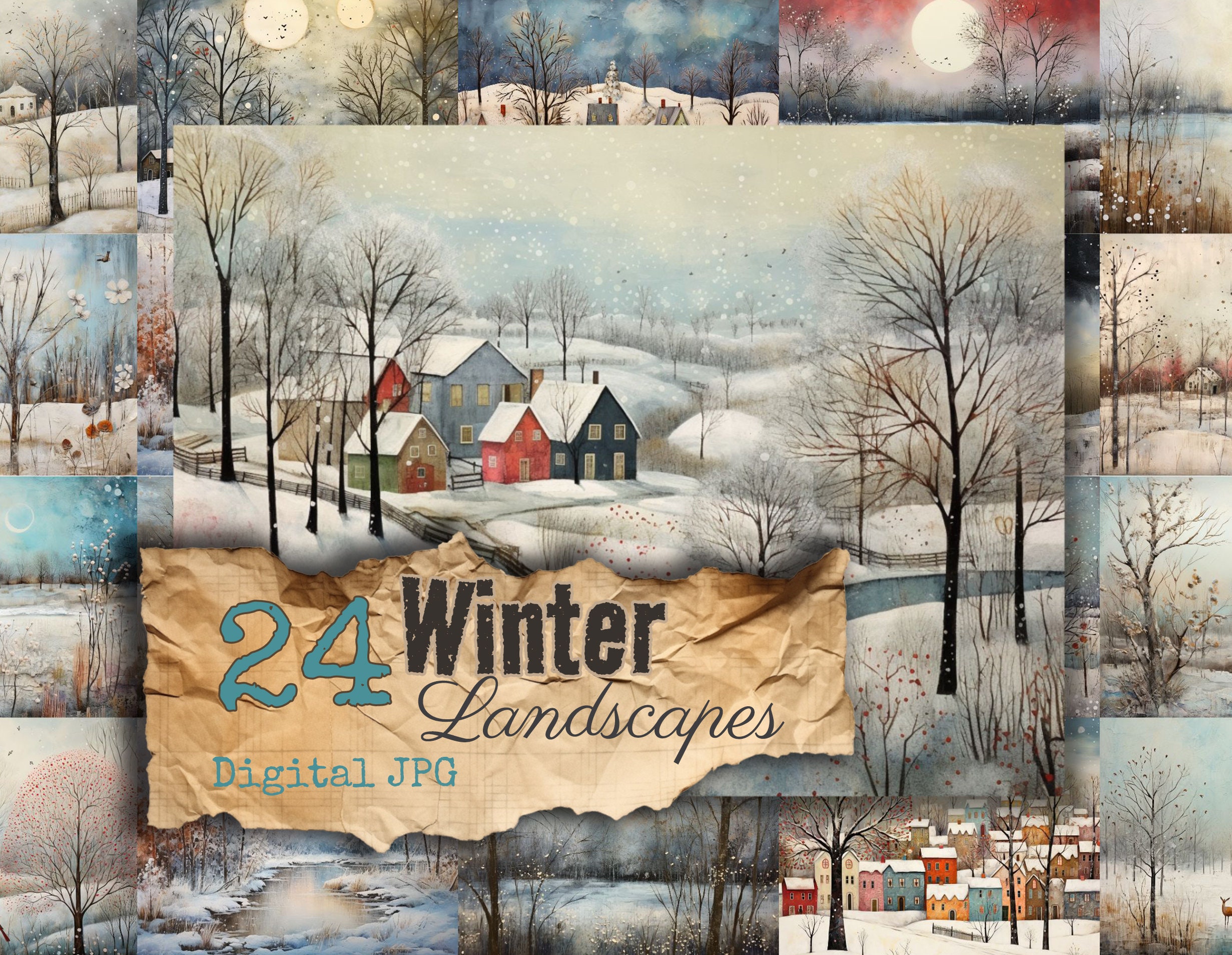 Whimsical Winter Landscapes Junk Journal 24 JPG Papers Enchanting Snow ...