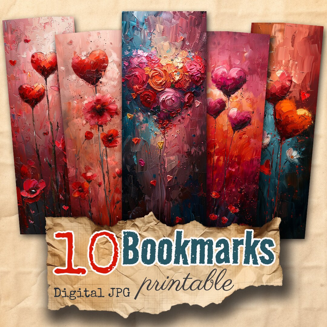 Set of 10 Illustrated Bookmarks Painting of Flaming Red Hearts 2x6 ...