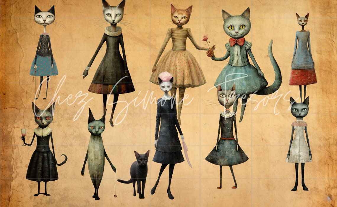 Cat Paper Doll, Whimsical Antropormorphic Clipart, Printable Kit Junk ...