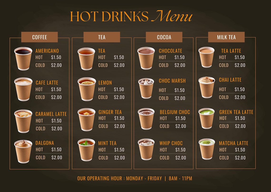Editable Printable Cafe Menu Board of Hot Drink With High Resolution ...