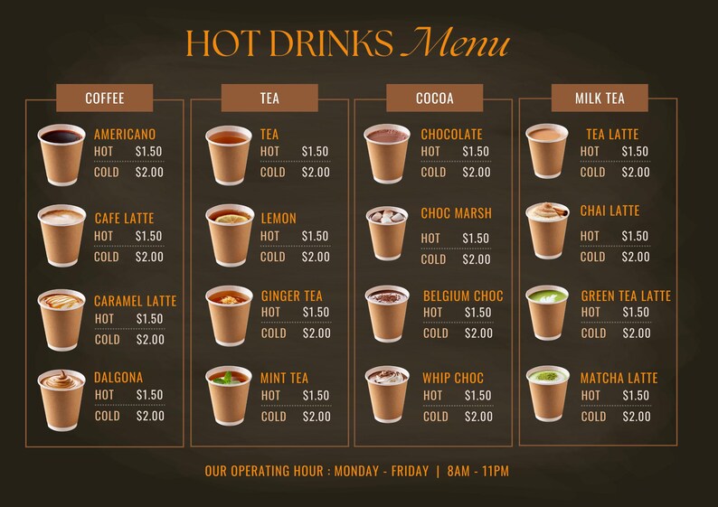 Editable Printable Cafe Menu Board of Hot Drink With High Resolution ...