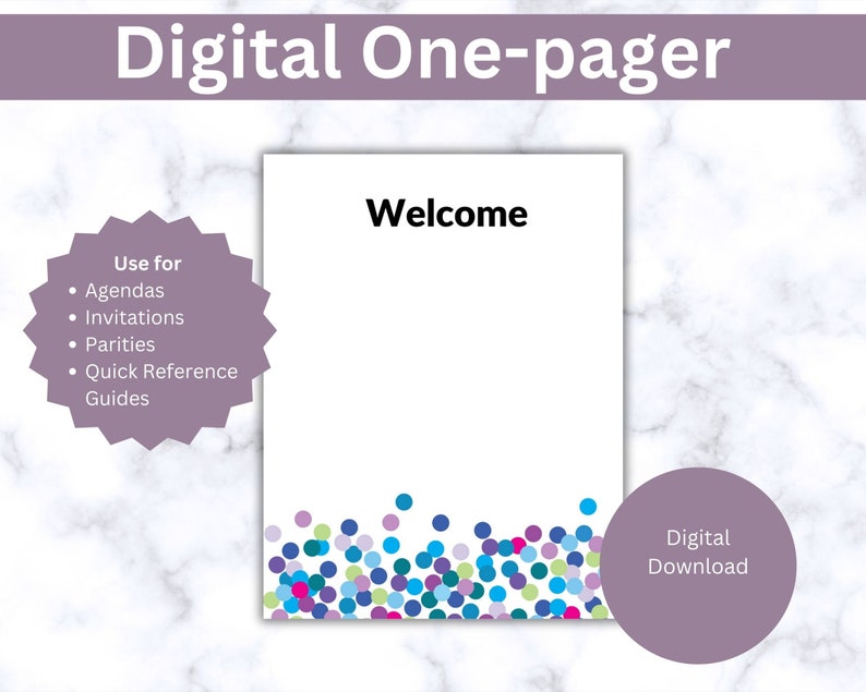 Digital Download One-pager for Reference Guides, Agendas, Parties, or ...