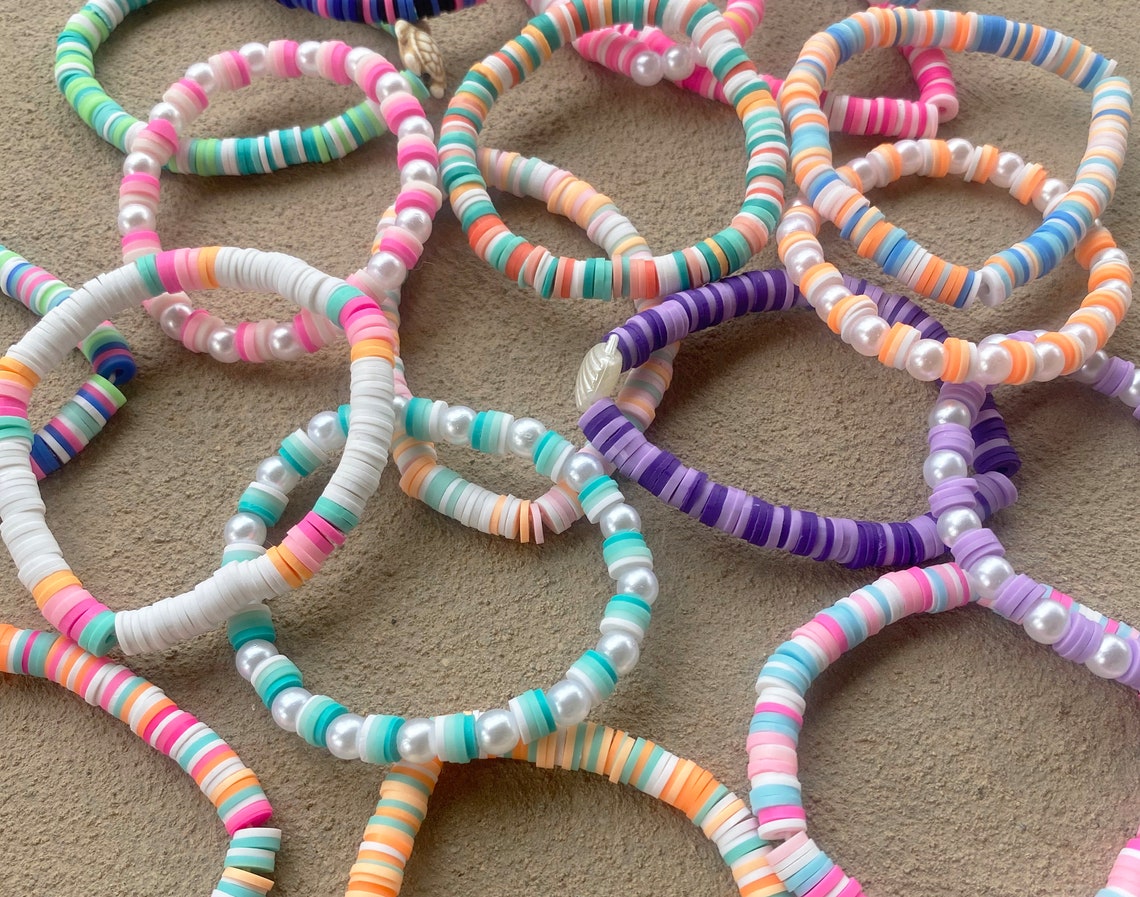 Purple Pearl Clay Bead Bracelet, Trendy Cute Preppy Summer Jewelry ...