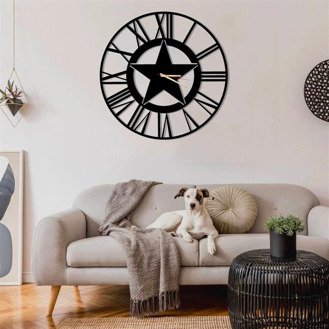 Star Wall Clock, Round Star Design Wall Clock, Silent Wall Clock, Mid ...