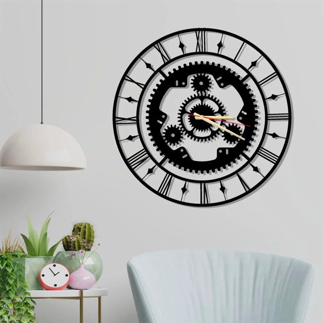 Large Industrial Metal Wall Clock, Vintage Wall Clock, Black Gear Clock ...
