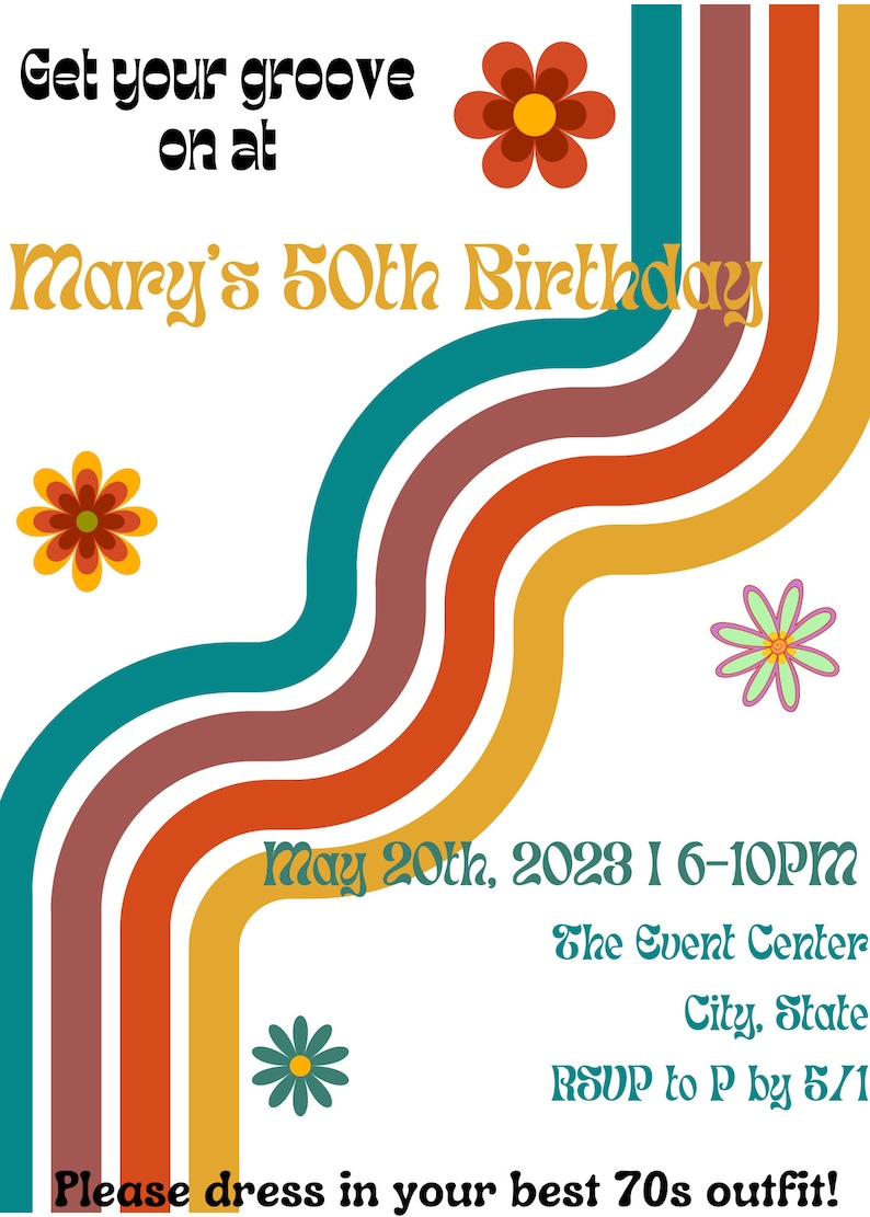70s Theme Birthday Party Personalized Invitation-- Digital Download - Etsy