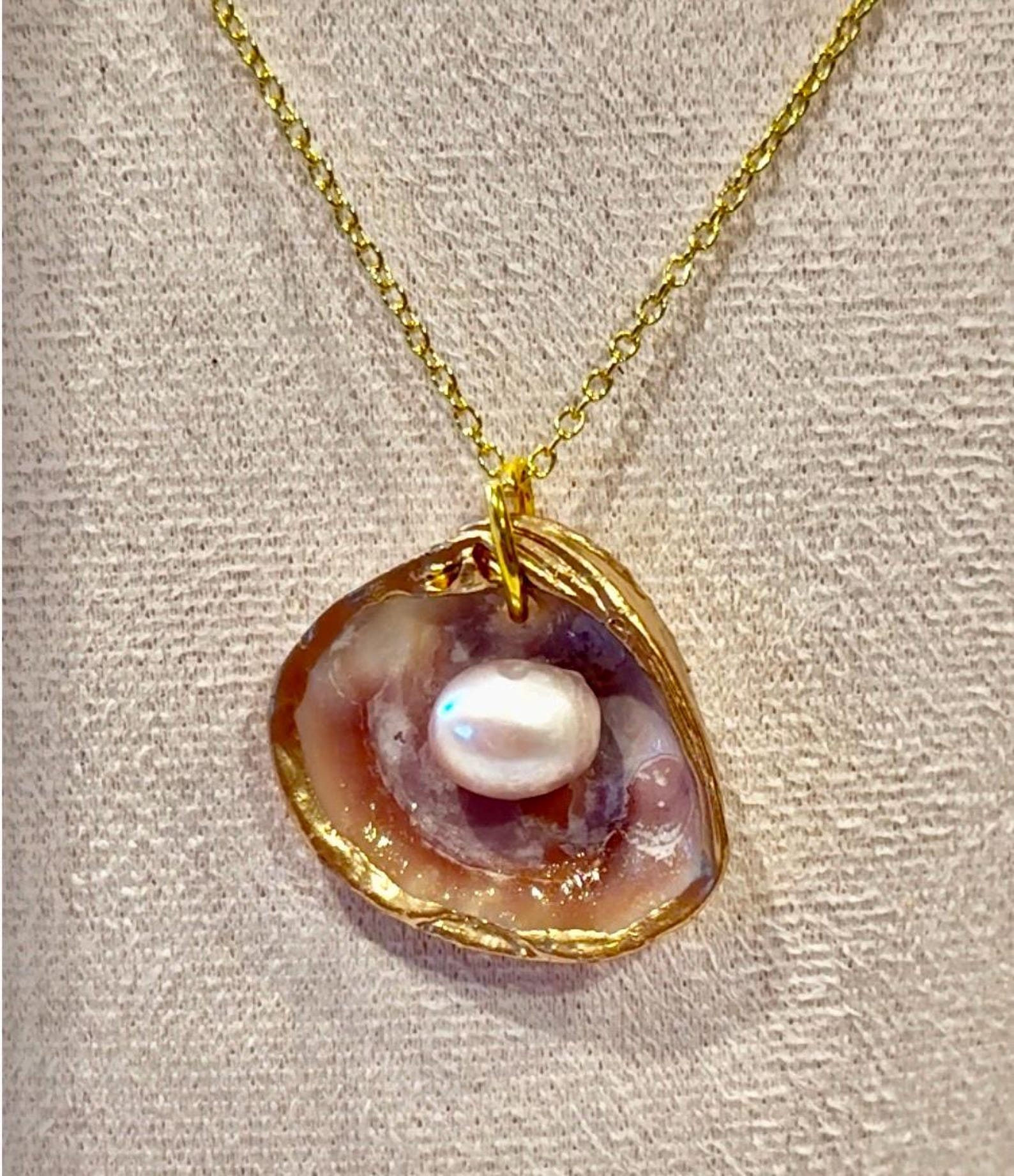 Clam Shell , Cross Barred Venus Necklace , Gold Leaf , Real Pearl/ Hand ...