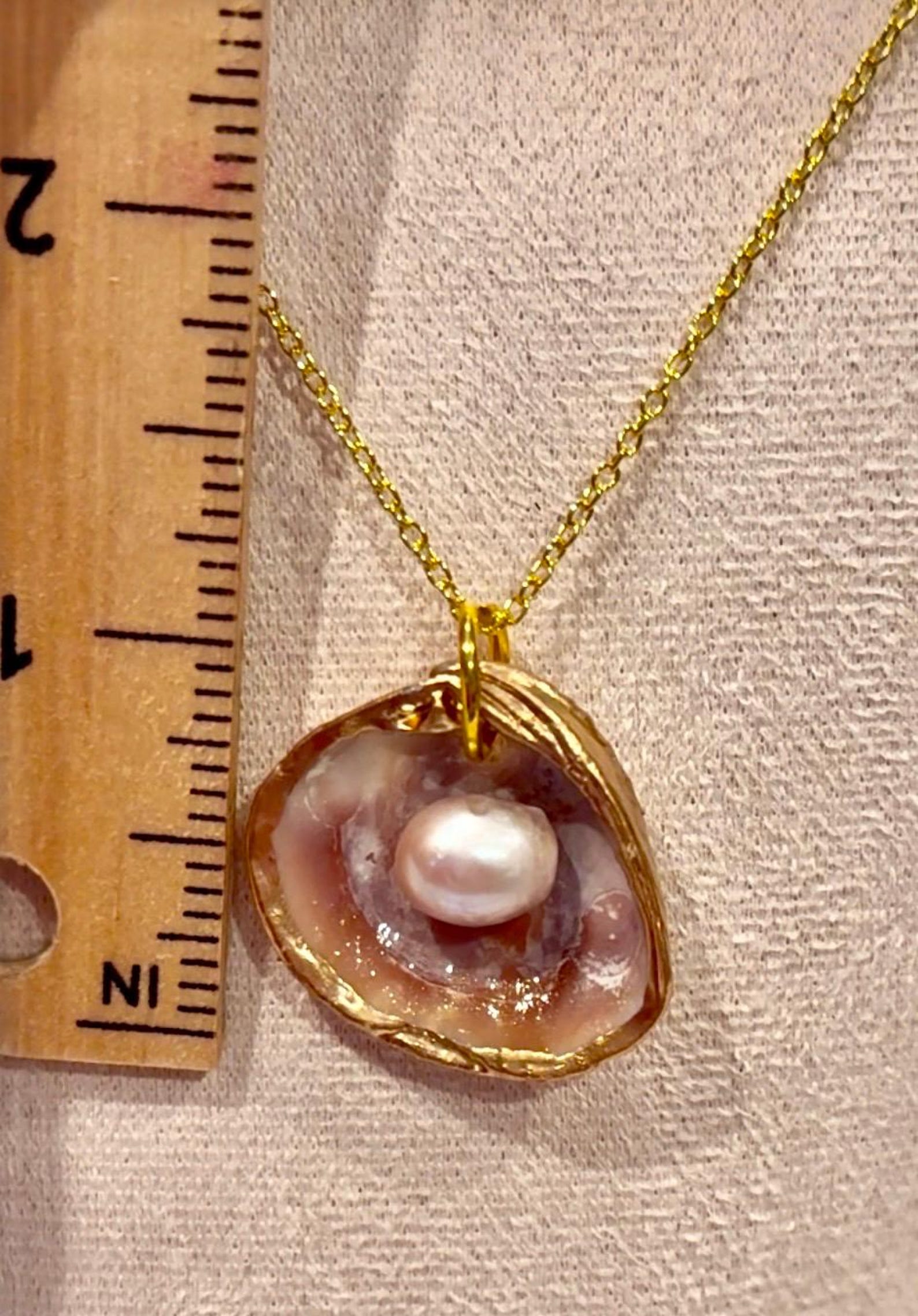 Clam Shell , Cross Barred Venus Necklace , Gold Leaf , Real Pearl/ Hand ...