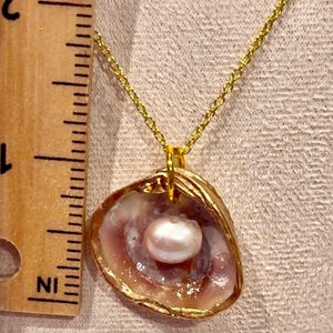 Clam Shell , Cross Barred Venus Necklace , Gold Leaf , Real Pearl/ Hand ...