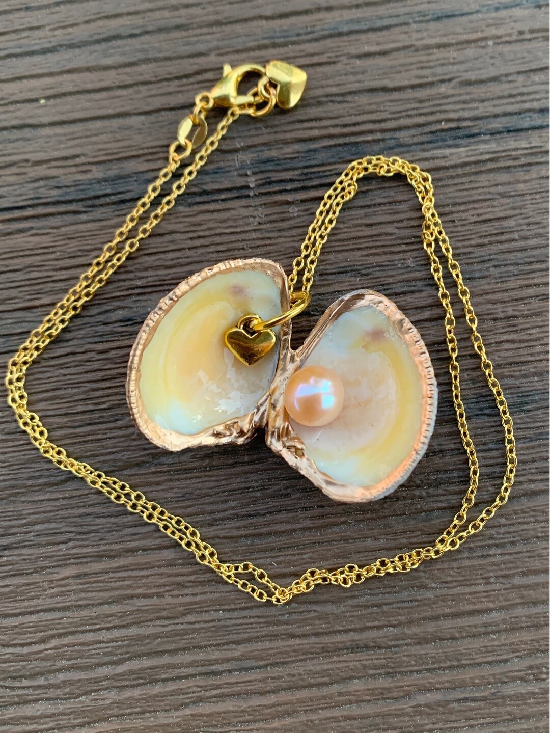 Clam Shell , Cross Barred Venus Necklace , Gold Leaf , Real Pearl/ Hand ...