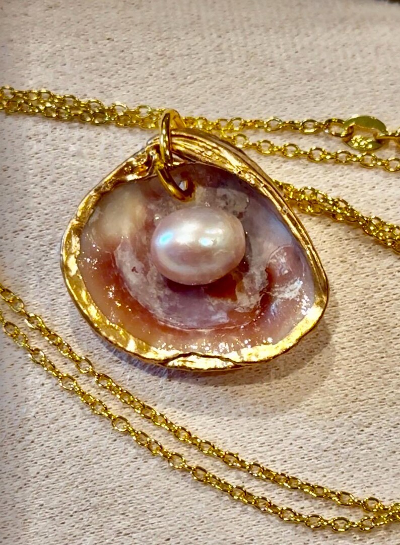 Clam Shell , Cross Barred Venus Necklace , Gold Leaf , Real Pearl/ Hand ...