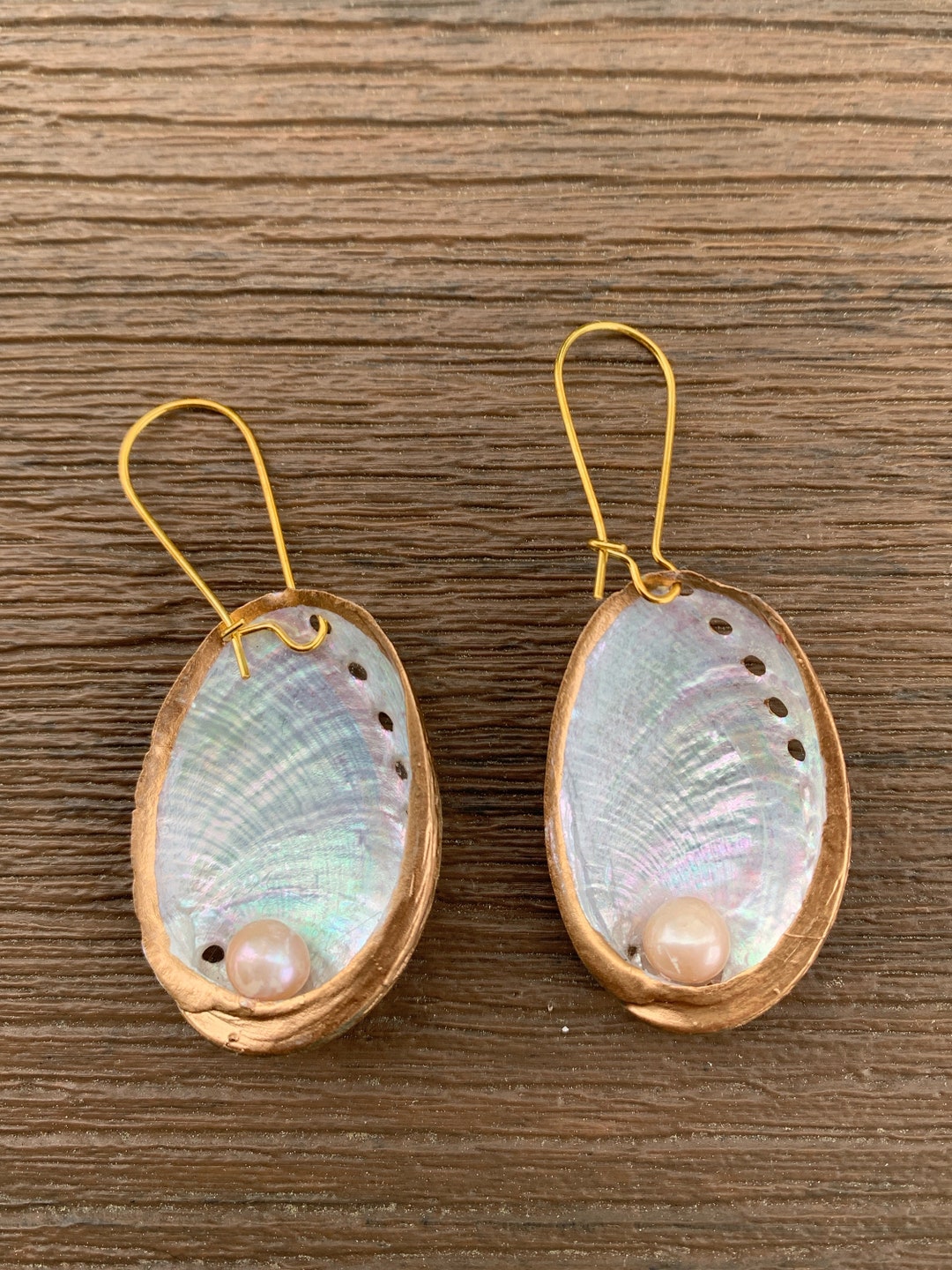 Donkey Shell Mother of Pearl Abalone Shell Earrings, Gold Leaf , Pearl ...