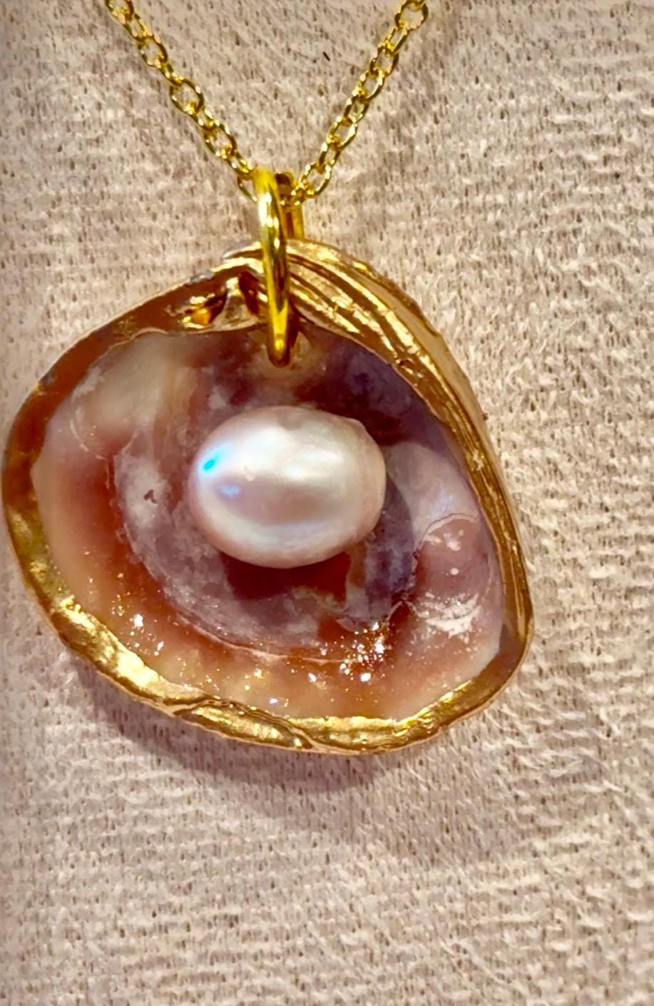 Clam Shell , Cross Barred Venus Necklace , Gold Leaf , Real Pearl/ Hand ...