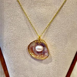 Clam Shell , Cross Barred Venus Necklace , Gold Leaf , Real Pearl/ Hand ...