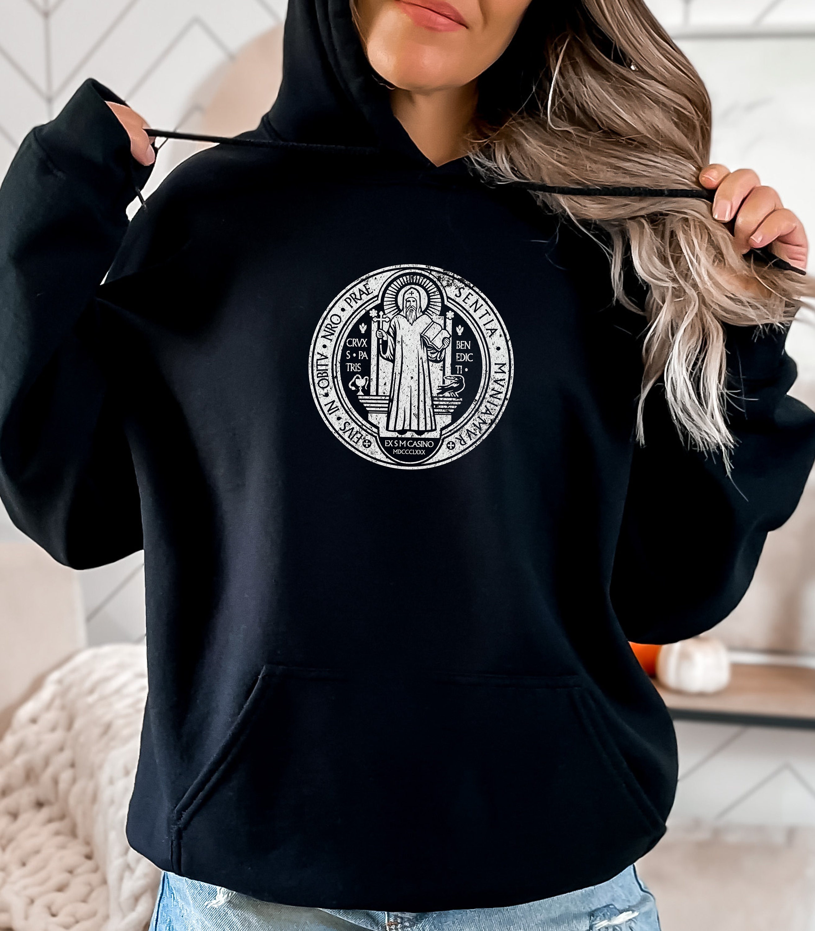 Catholic Saint Hoodie, Faded Saint Benedict Medal Sweatshirt, St ...