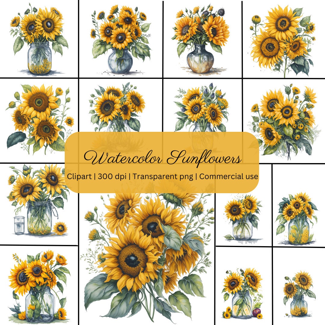 Watercolor Sunflowers Floral Clipart - Sunflower Bouquets, Instant ...