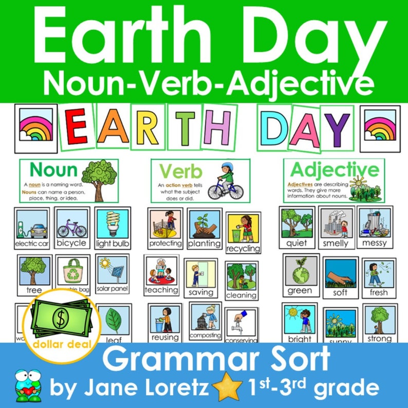 Dollar Deal Earth Day Grammar Sort, Nouns, Verbs, Adjectives 1st-3rd ...