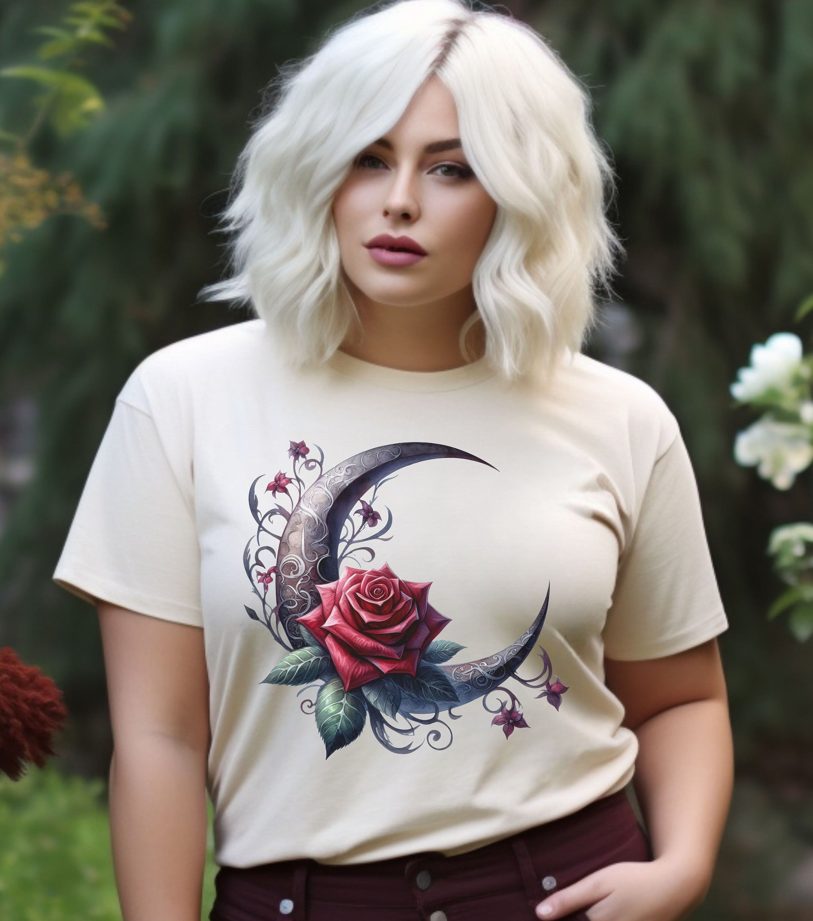 Gothic Rose Shirt, Gothic Red Rose Flower Purple Crescent Moon T-shirt ...
