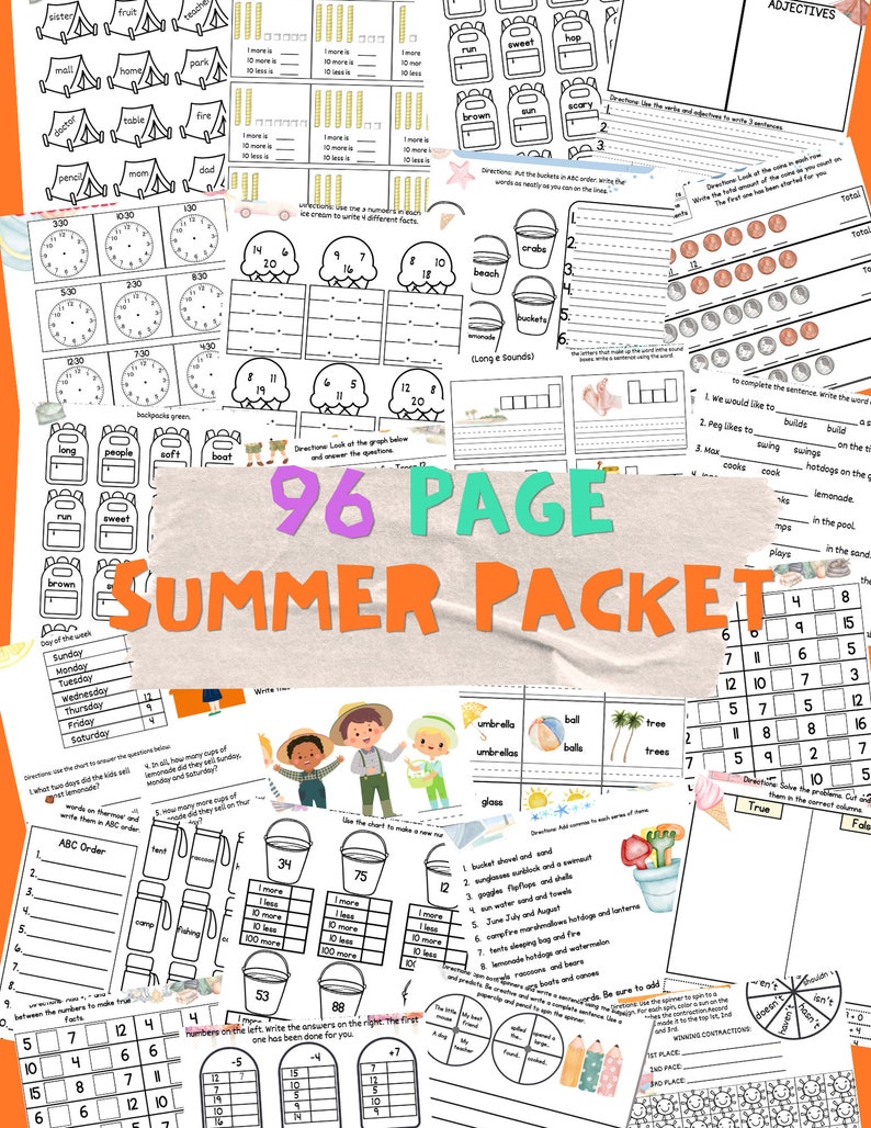 Huge 1st and 2nd Grade Summer Bundle Packet 96 PAGES Math and Literacy ...