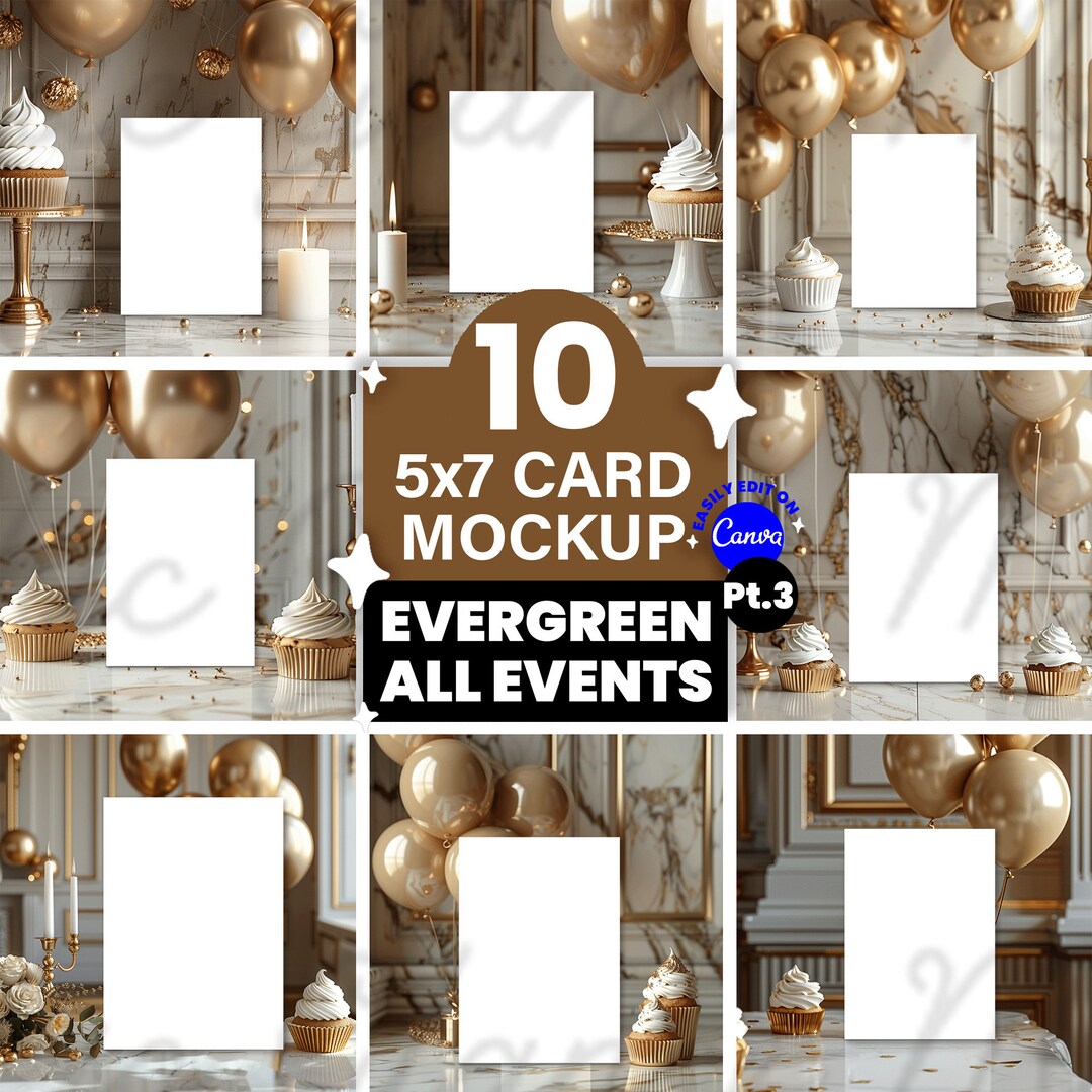 10 Evergreen Cards, Gold, Invitation Greeting Card Mockup Bundle, 5x7 ...