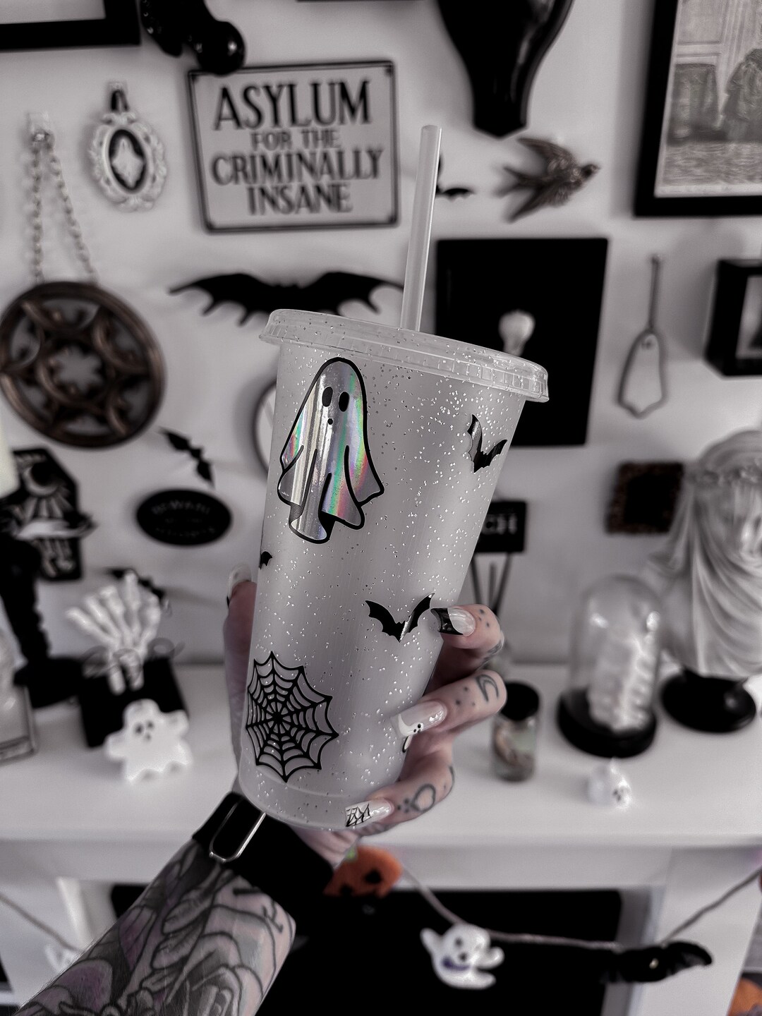 Spooky Ghost and Bat Cold Cup Reusable Cup Halloween Tumbler Iced ...