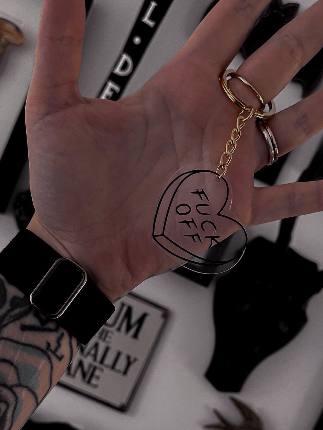 Fuck off Heart Shaped Keyring Gothic Emo Spooky Gift Witch Witchcraft Horror Alternative Wicca ...