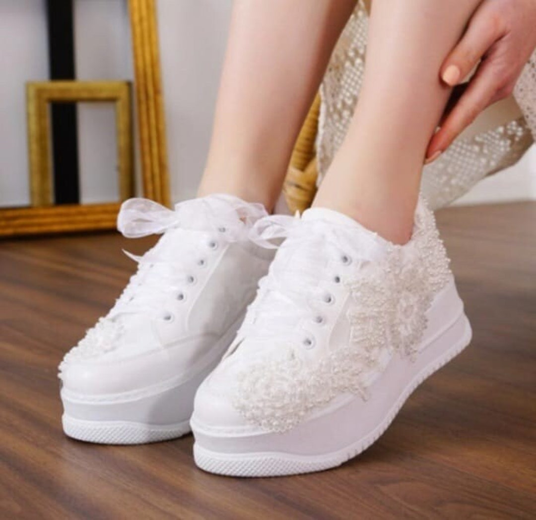 Pearl Embroidered Low Sole Bridal and Wedding Shoes With Tulle and Lace ...