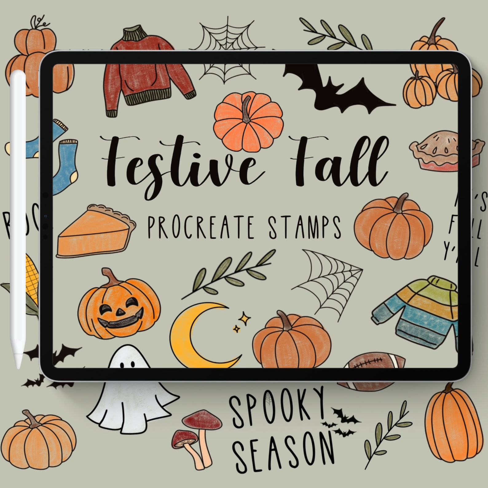 Festive Fall Stamp Set, Procreate Brush Set, Commercial Use, Halloween ...