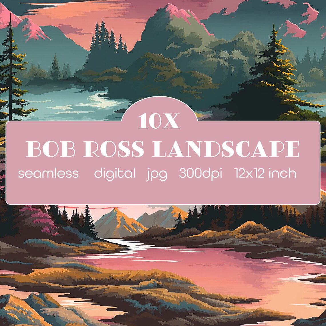 Bob Ross Inspired Landscape Digital Paper SEAMLESS 3D Pattern 10 ...